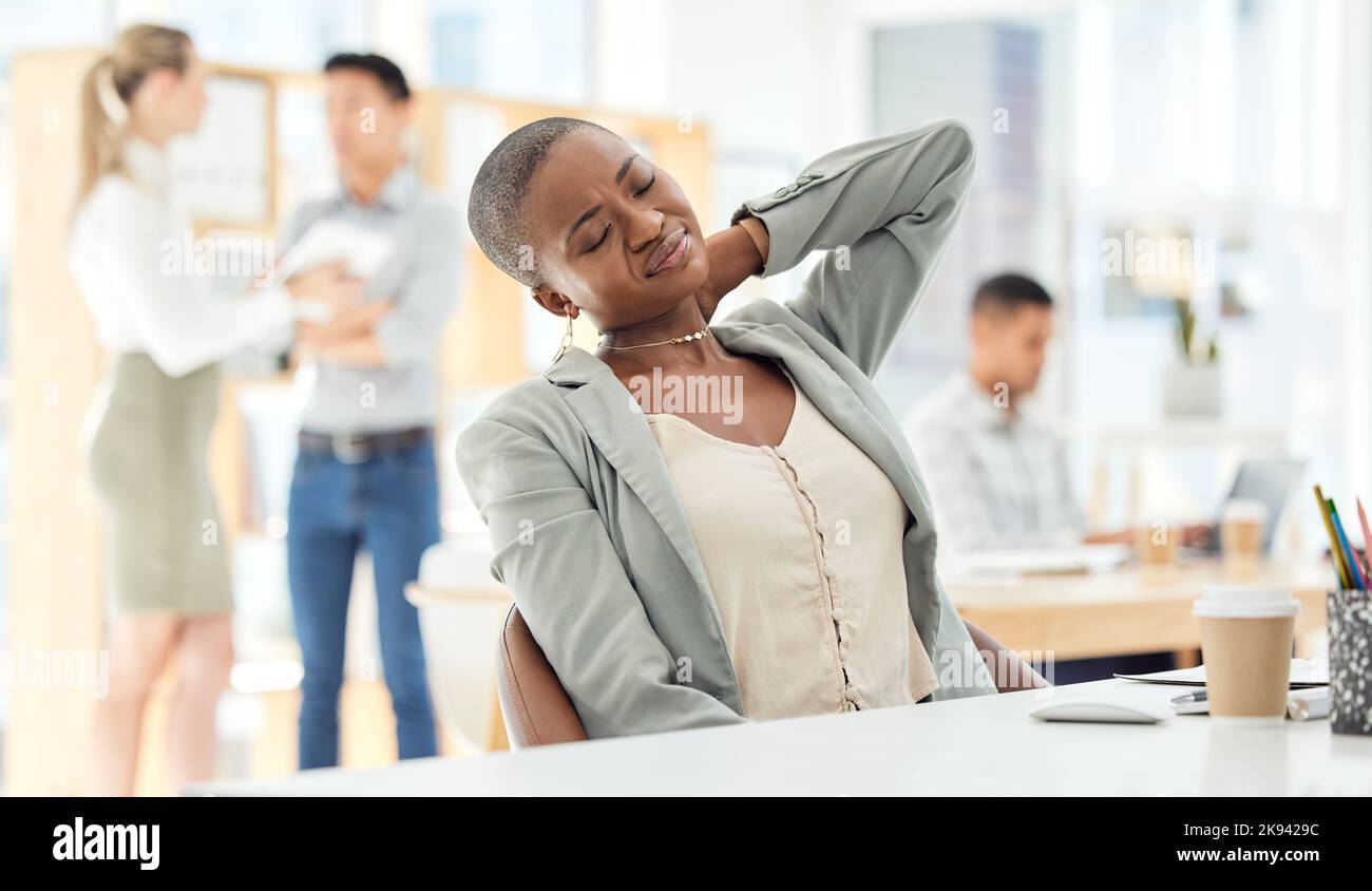 Anxiety, neck pain and work burnout of a office employee feeling stress ...