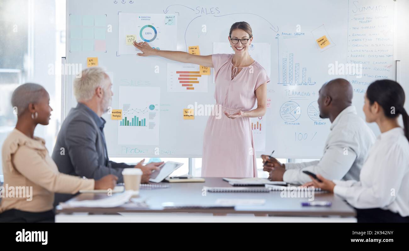 Business woman, speaker or office training on infographic paper, chart ...