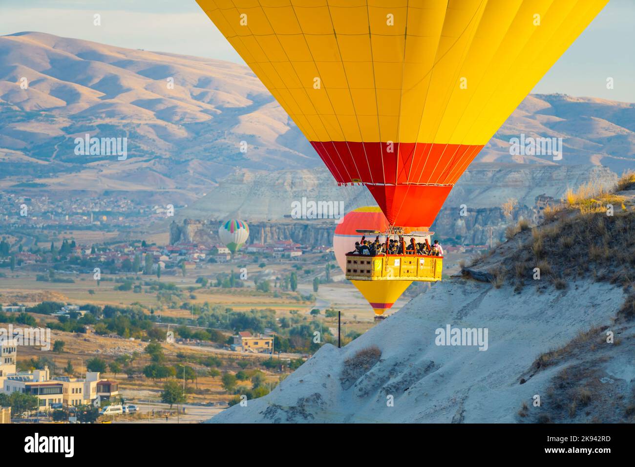 13.10.2022. Cappadocia, Turkey. spectacular view of two yellow air ...