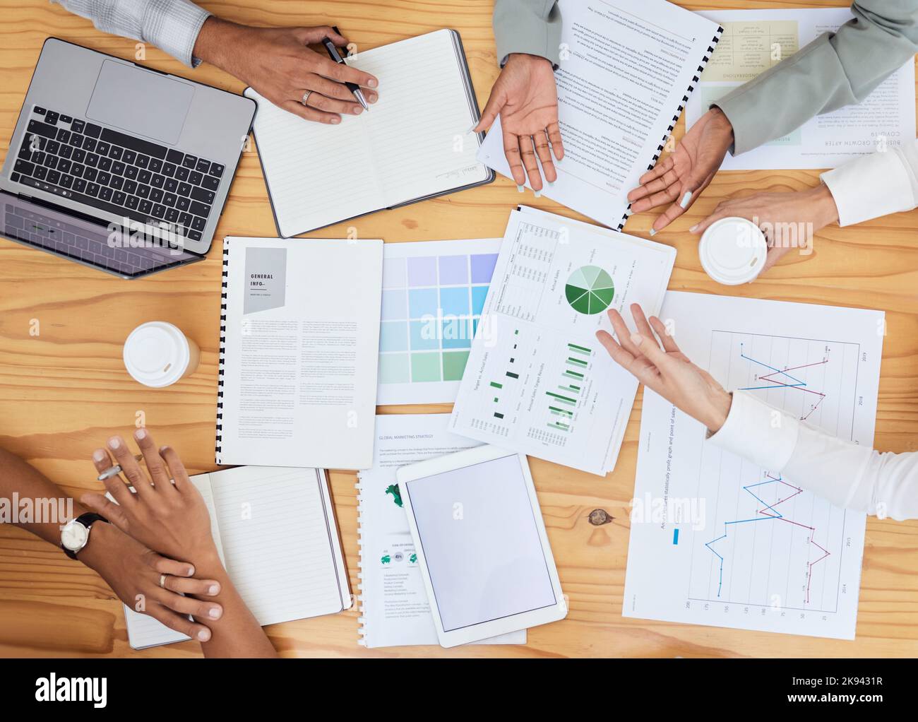 Finance, meeting and business people collaboration on laptop with data, chart and graph for ...
