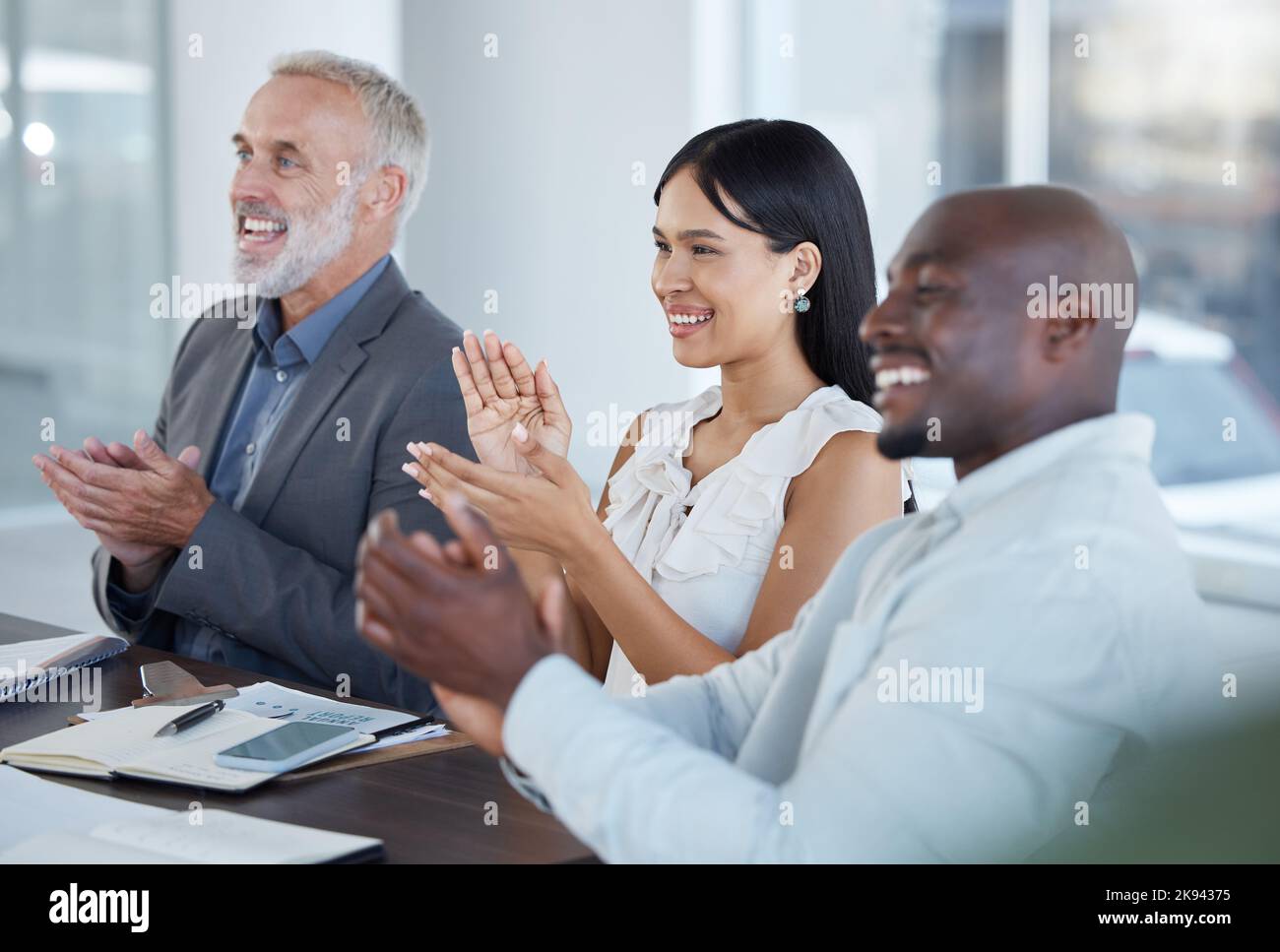 Business meeting applause, success and celebration in a corporate ...