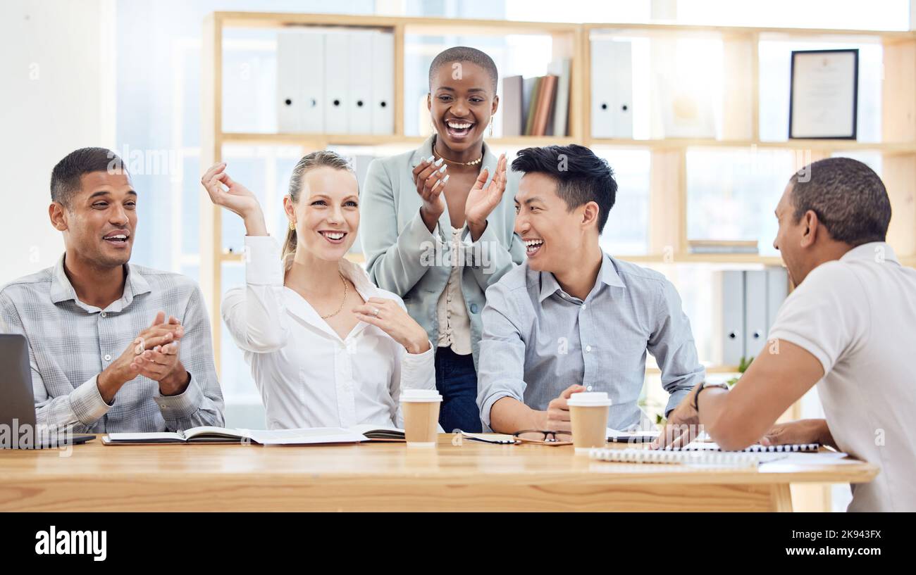 Team, brainstorming and business goal, meeting and winning at office ...