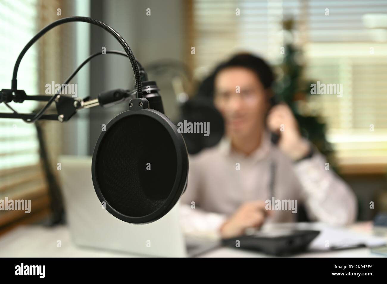 Close up view of a condenser microphone in home studio interior with ...