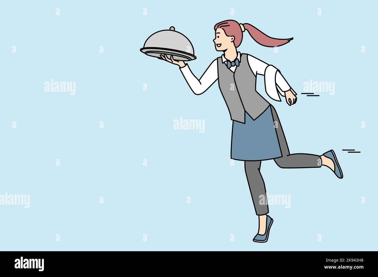 Smiling waitress in uniform bringing dish to client in restaurant ...