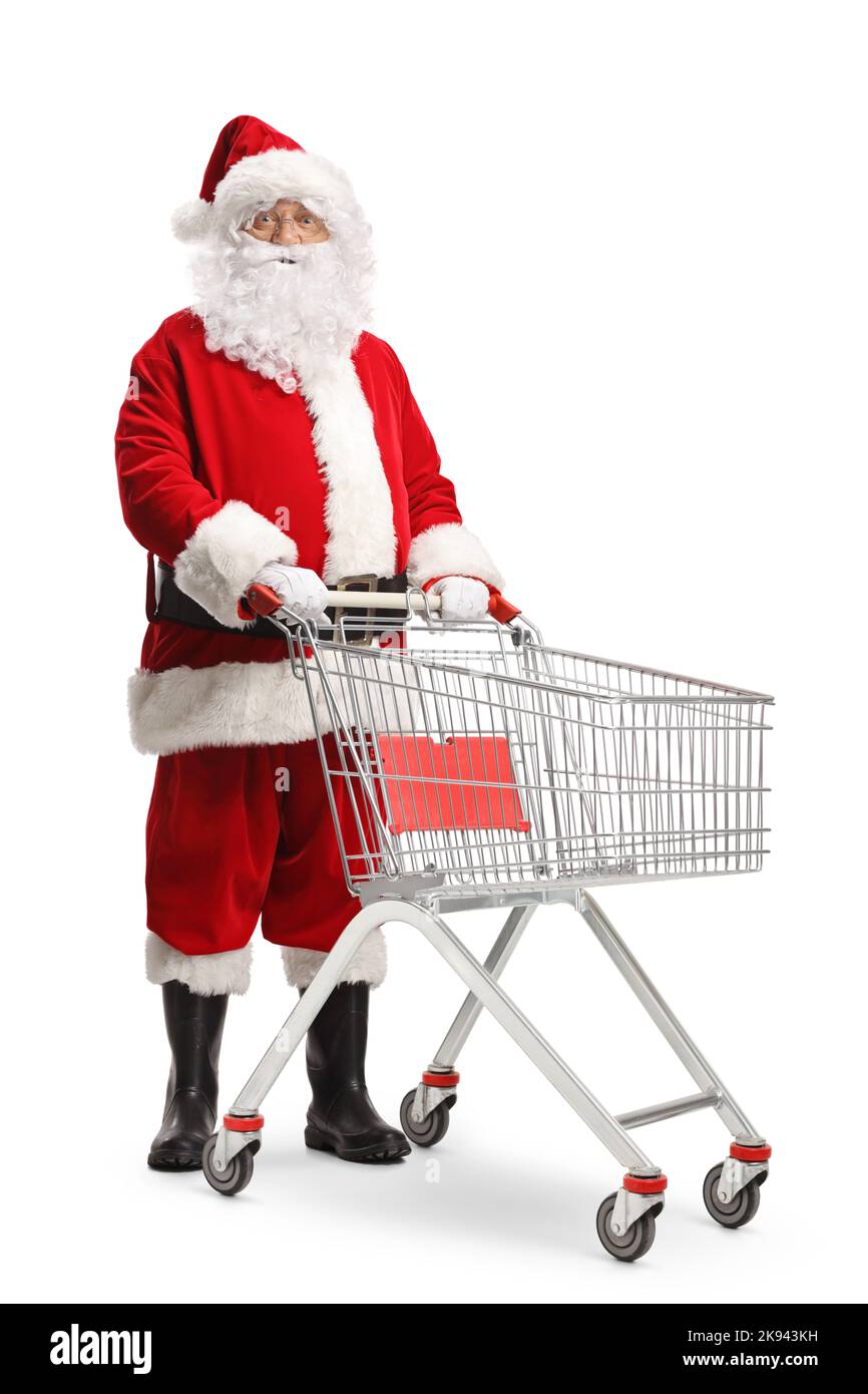 Santa claus with an empty shopping cart isolated on white background ...