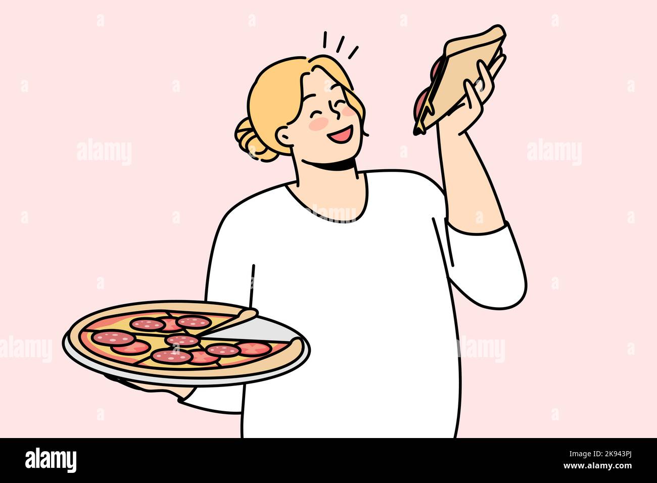 Happy overweight woman with pizza in hands enjoy fast food. Smiling fat ...