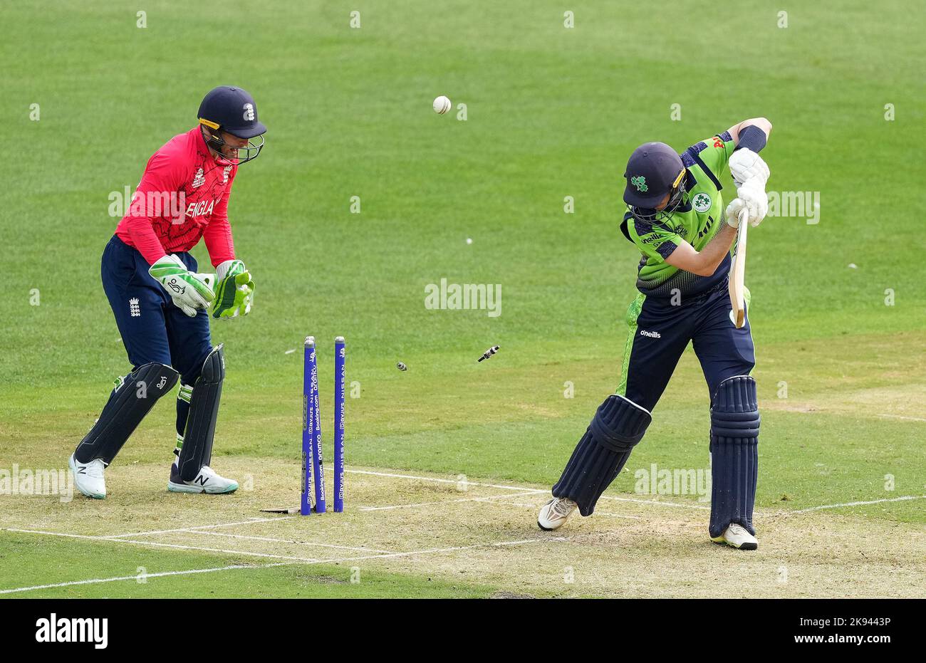 Ireland's George Dockrell is bowled out by England’s Liam Livingstone ...