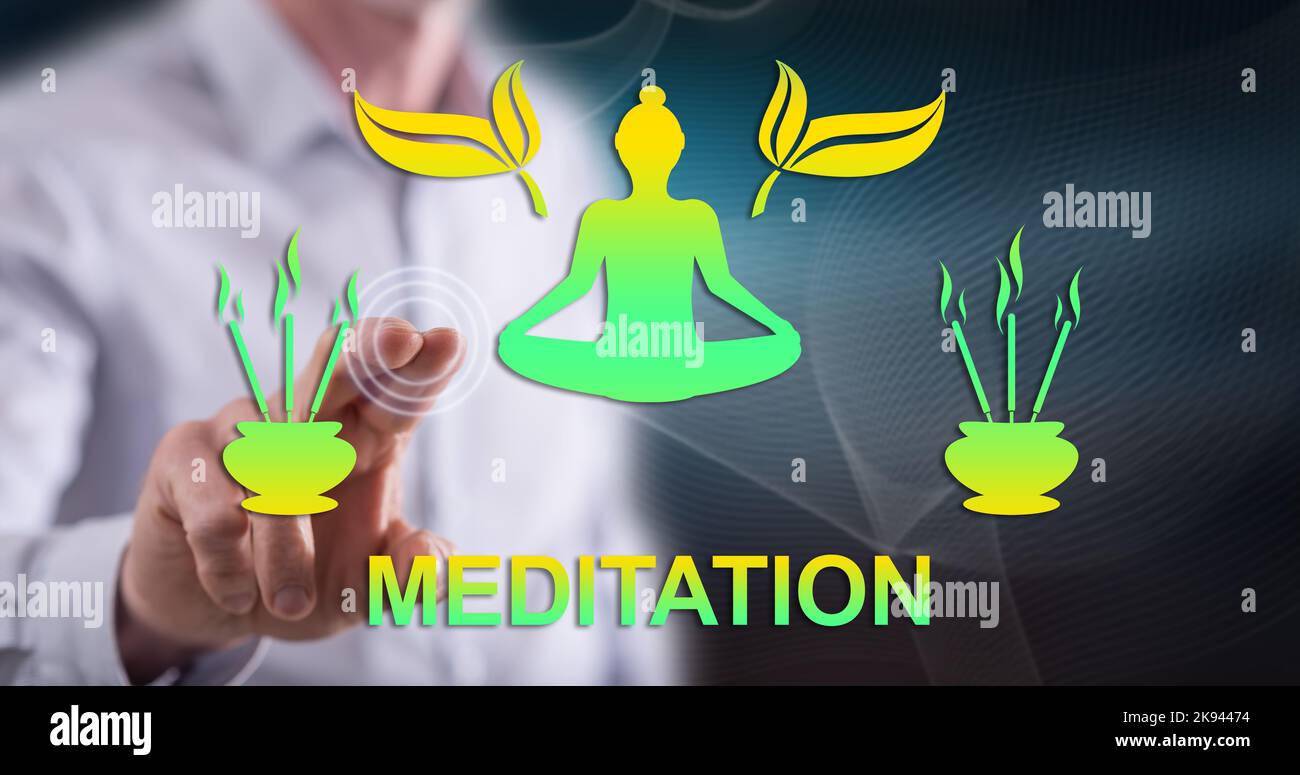 Man touching a meditation concept on a touch screen with his finger ...
