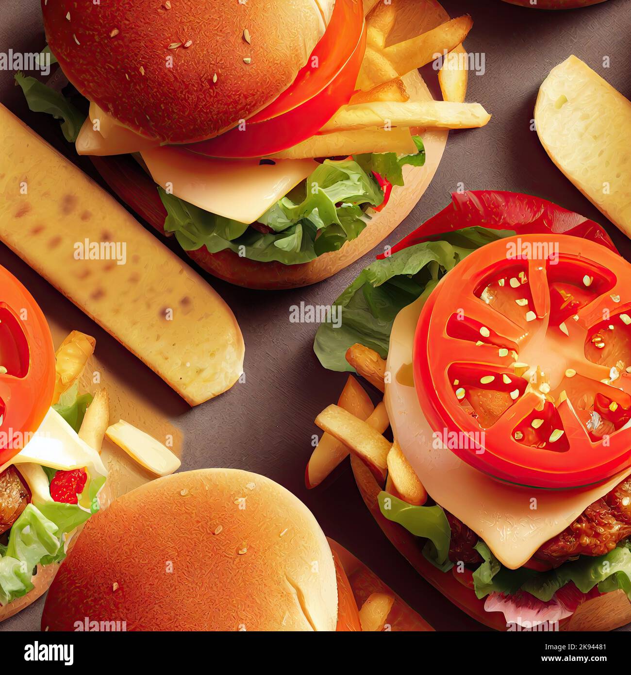 A seamless texture background of a hamburger is depicted in a flat lay ...