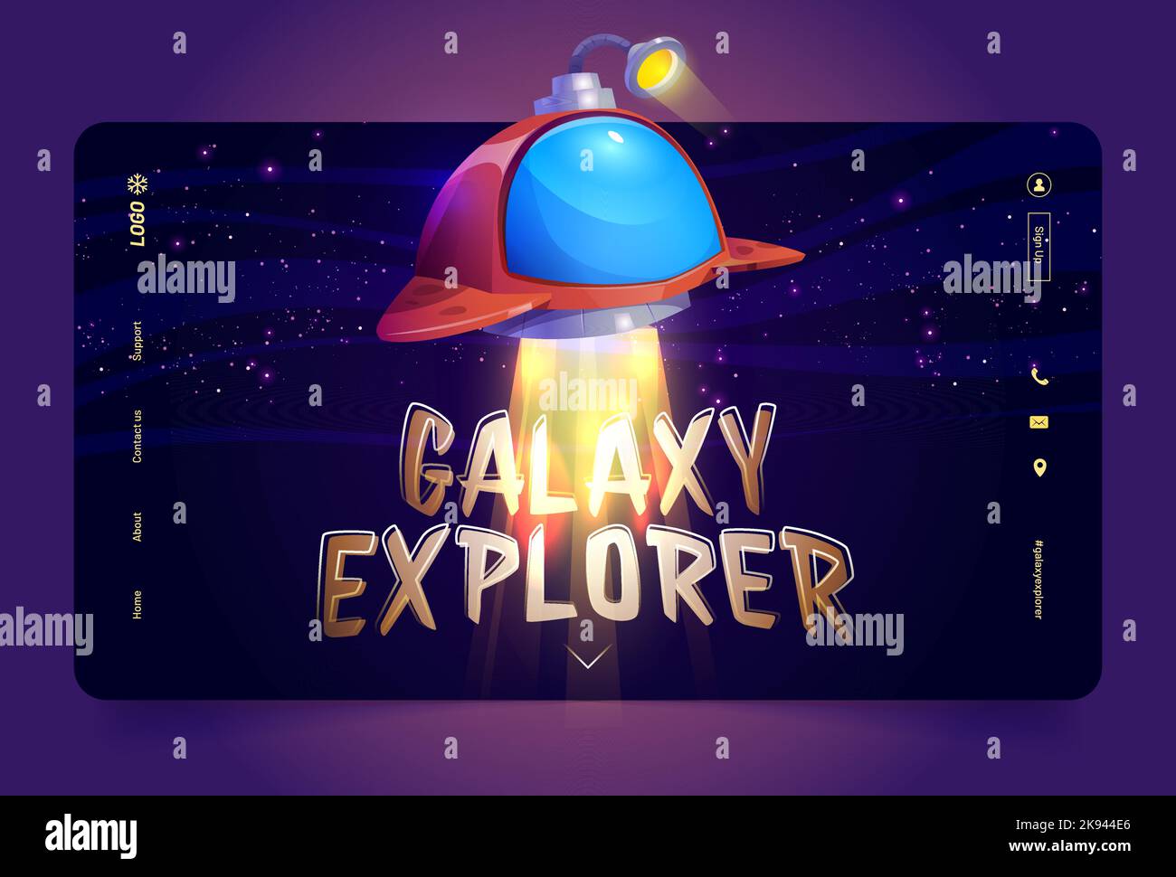 Galaxy explorer cartoon landing page with alien ufo saucer in outer ...