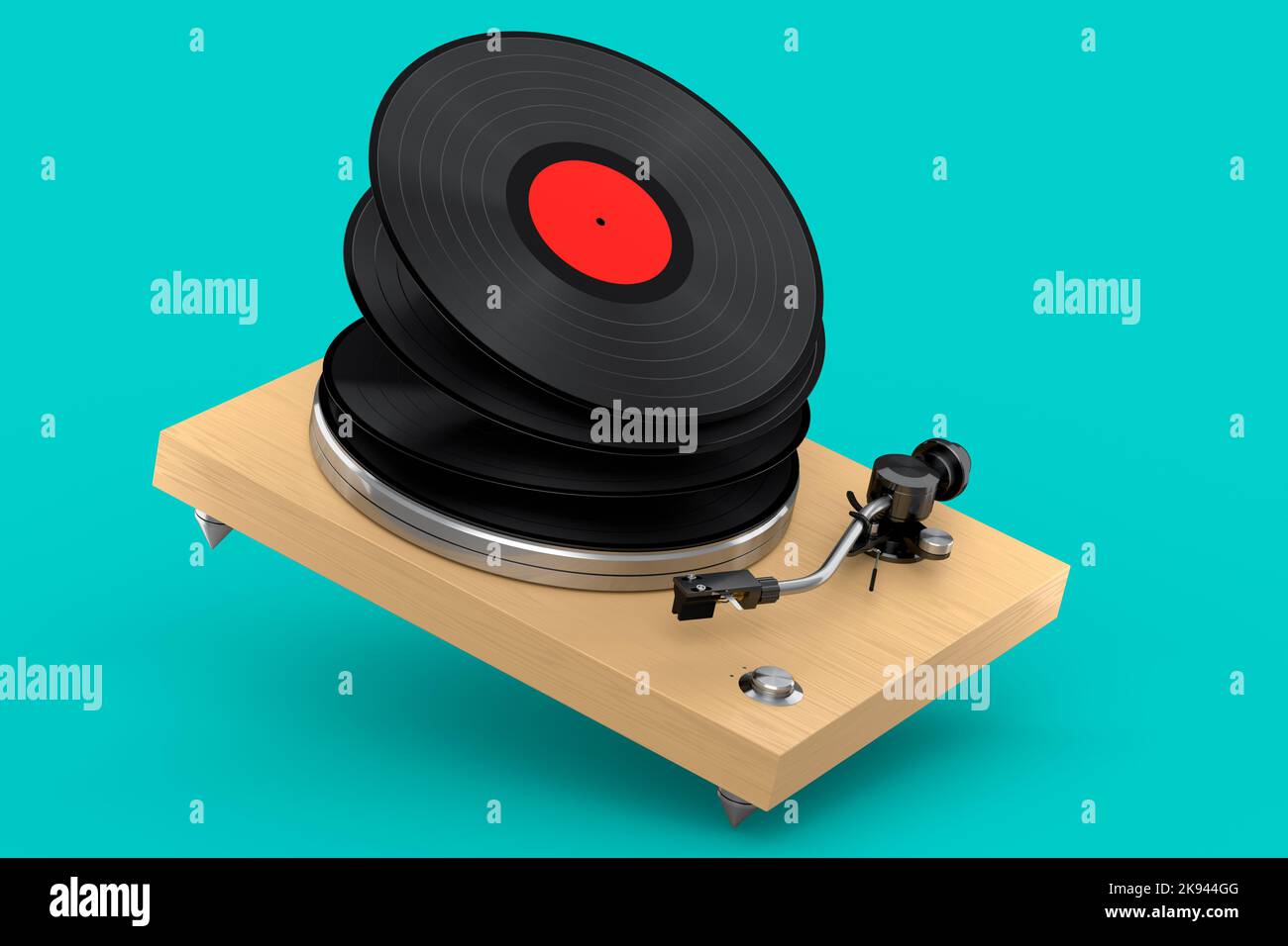 Vinyl record player or DJ turntable with flying vinyl plate on green ...