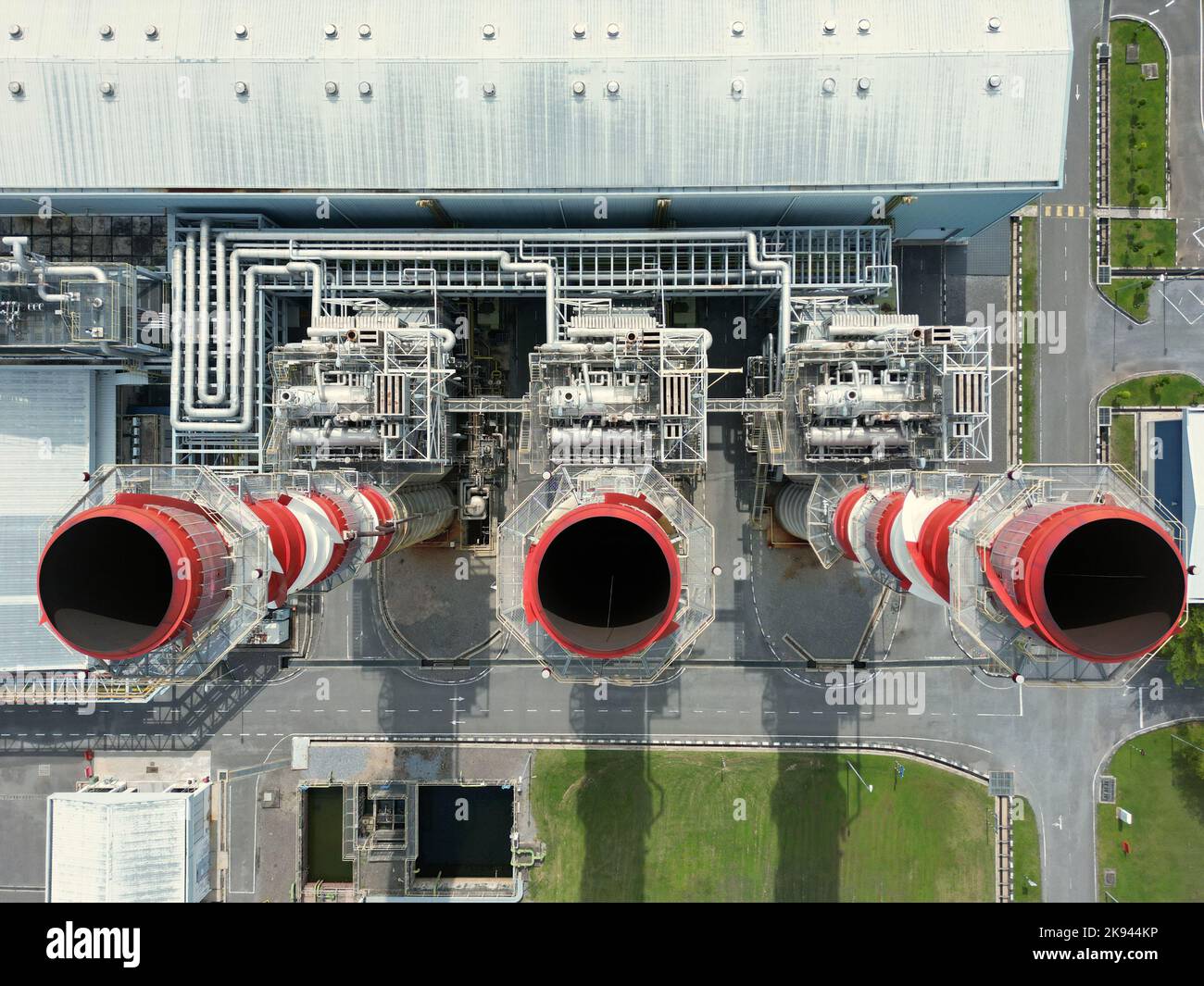 chimneys of gas fired power plant. Top down aerial view Stock Photo - Alamy