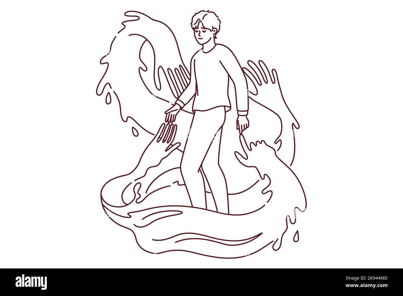 Young man surrounded by huge multiple hands. Guy influenced and ...