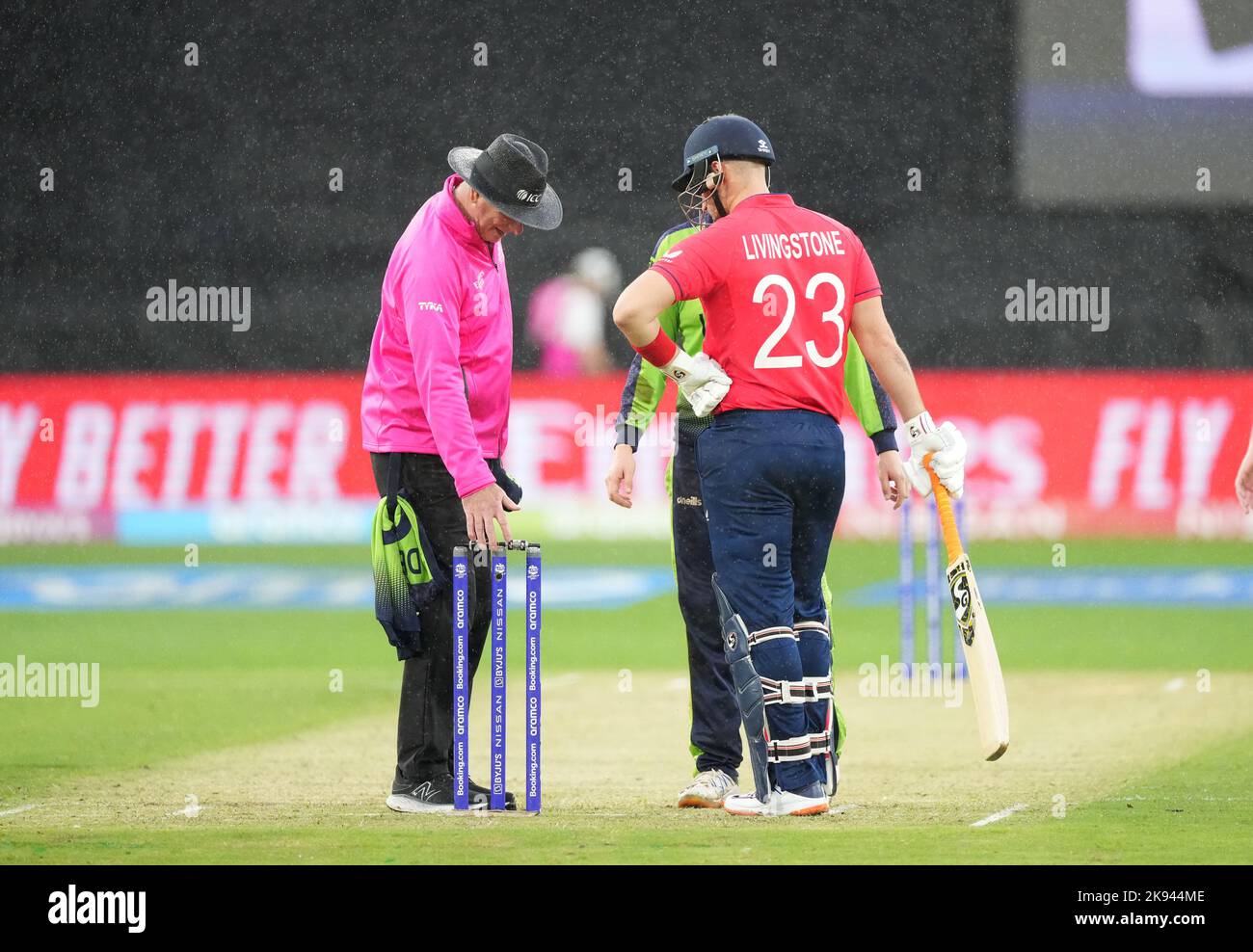 England's Liam Livingstone (right) looks on as the Umpire stops play ...