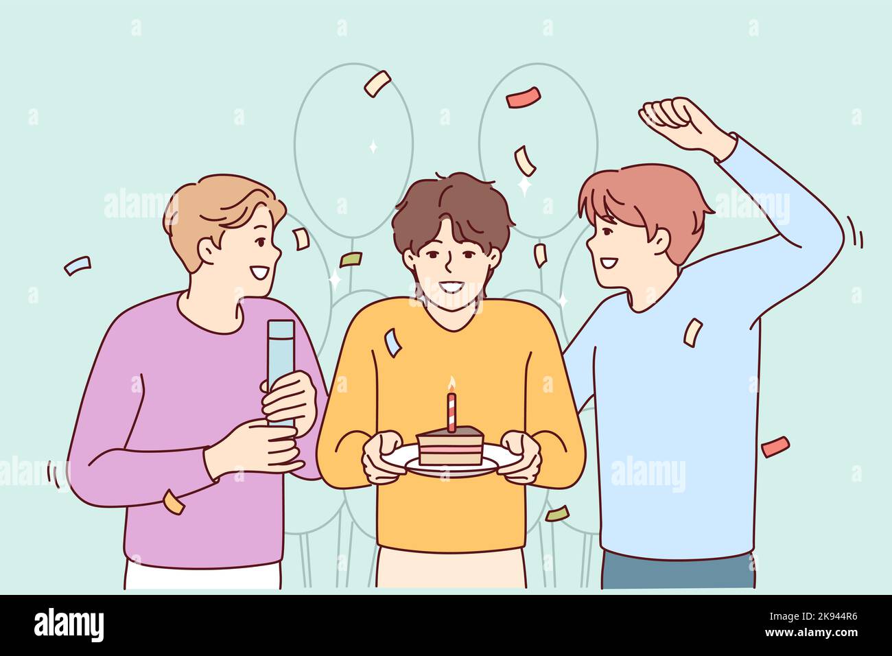 Smiling guys greeting friend with cake and balloons. Happy people ...