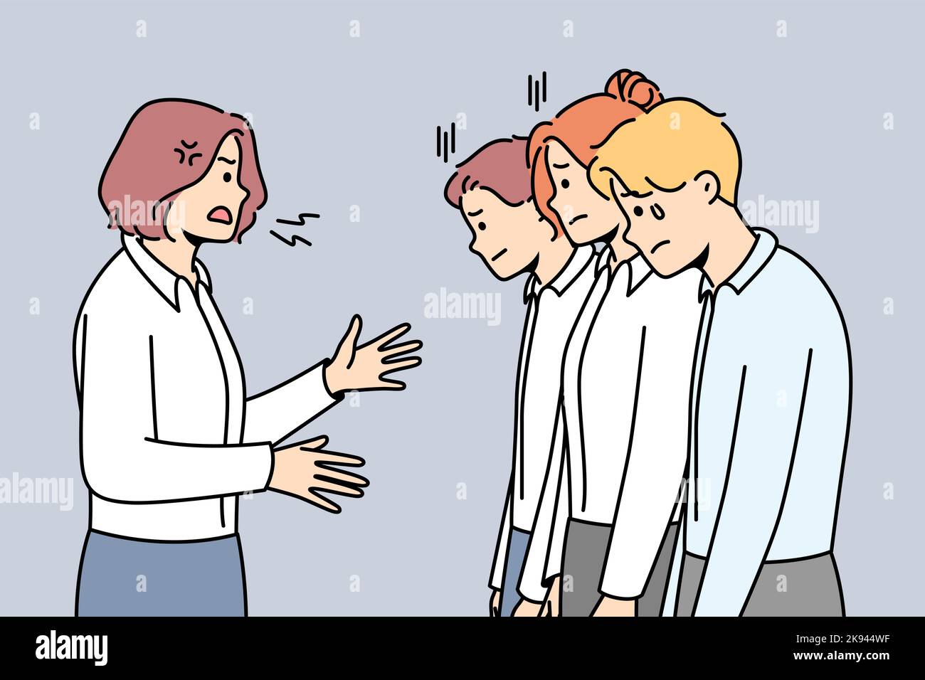 Furious businesswoman scream and scold stressed employees at workplace ...