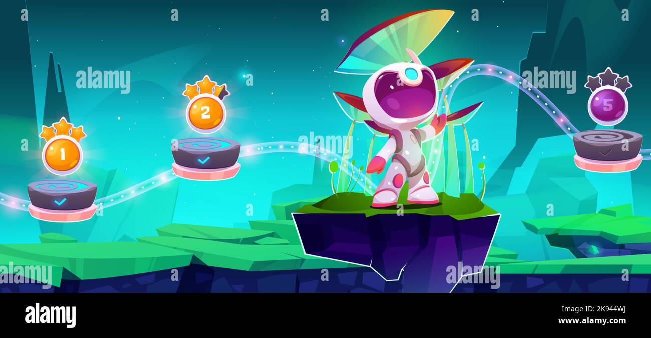 Space game, mobile arcade with kid astronaut on alien planet landscape ...