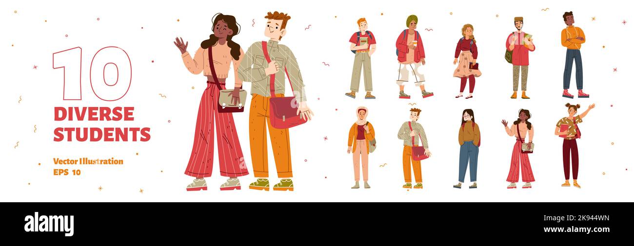 Set of students characters with bags, books and backpacks. Diverse ...