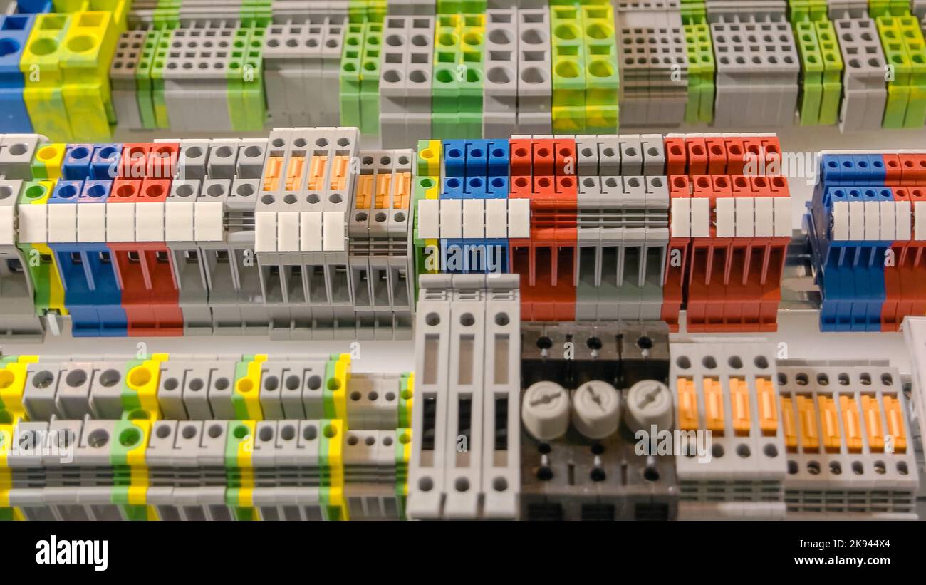 Close-up large electrical terminal block machine panel. Quick connect ...