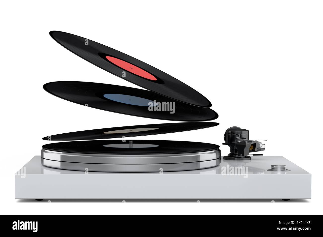 Vinyl record player or DJ turntable with flying vinyl plate on white ...