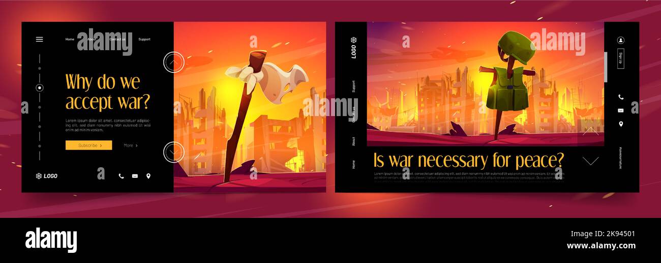 Websites about war with destroyed city with fire, smoke, broken houses ...