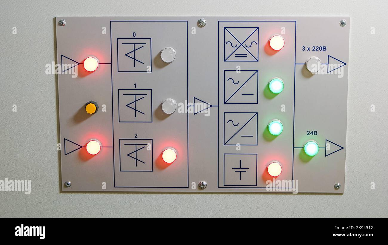 Control panels in an electronics lab. Electrical switch gear at low ...