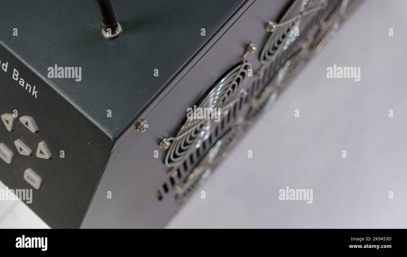 Turned off capacity battery load bank on white surface. Control panel ...