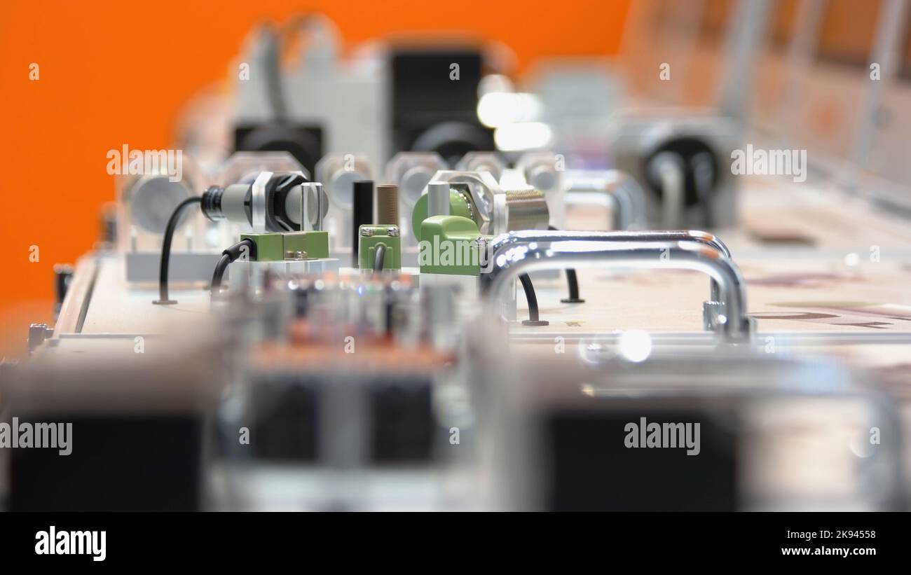 Close-up working metallic industrial factory machine. Equipment with ...