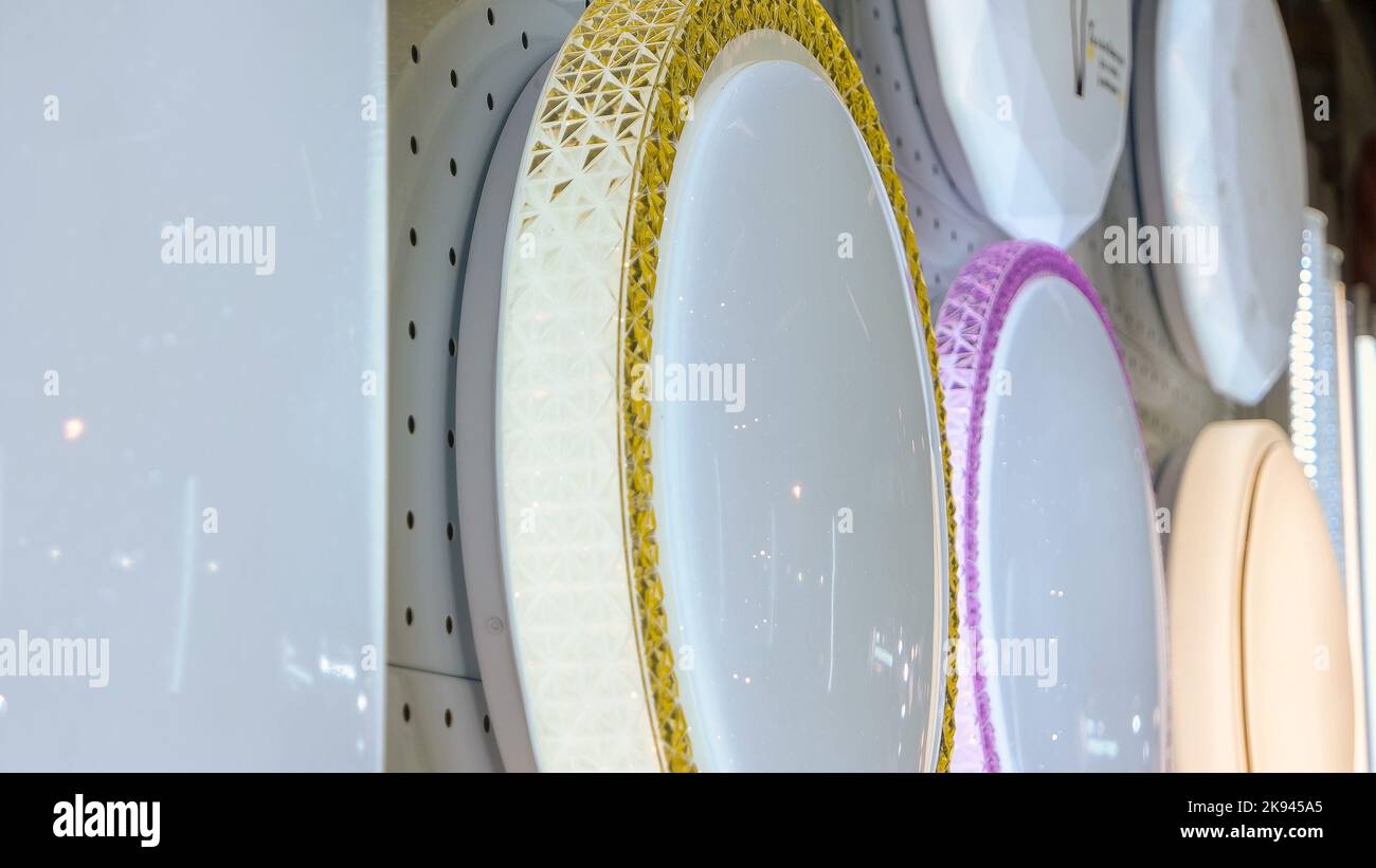 Close-up collection of ceiling chandeliers in the store. Many various ...