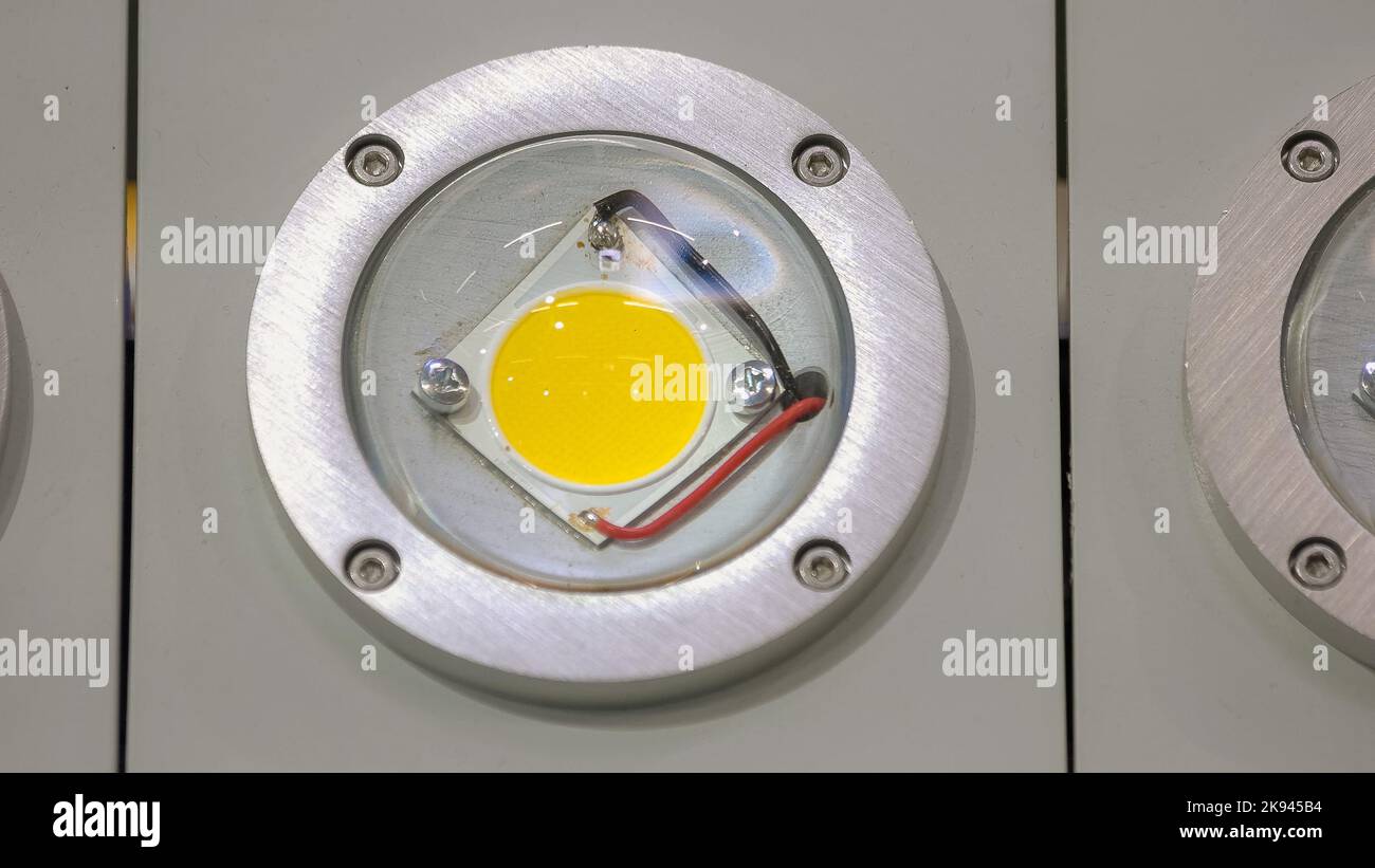 Close-up round cree led chip in the metal frame. Round metal panel ...