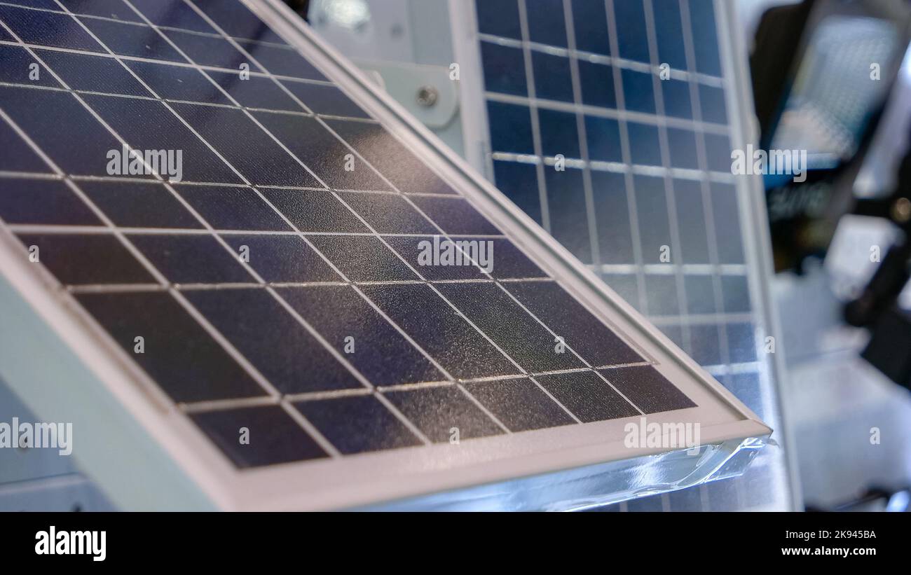 Large LED lights and solar panel indoors in the studio. Solar energy ...