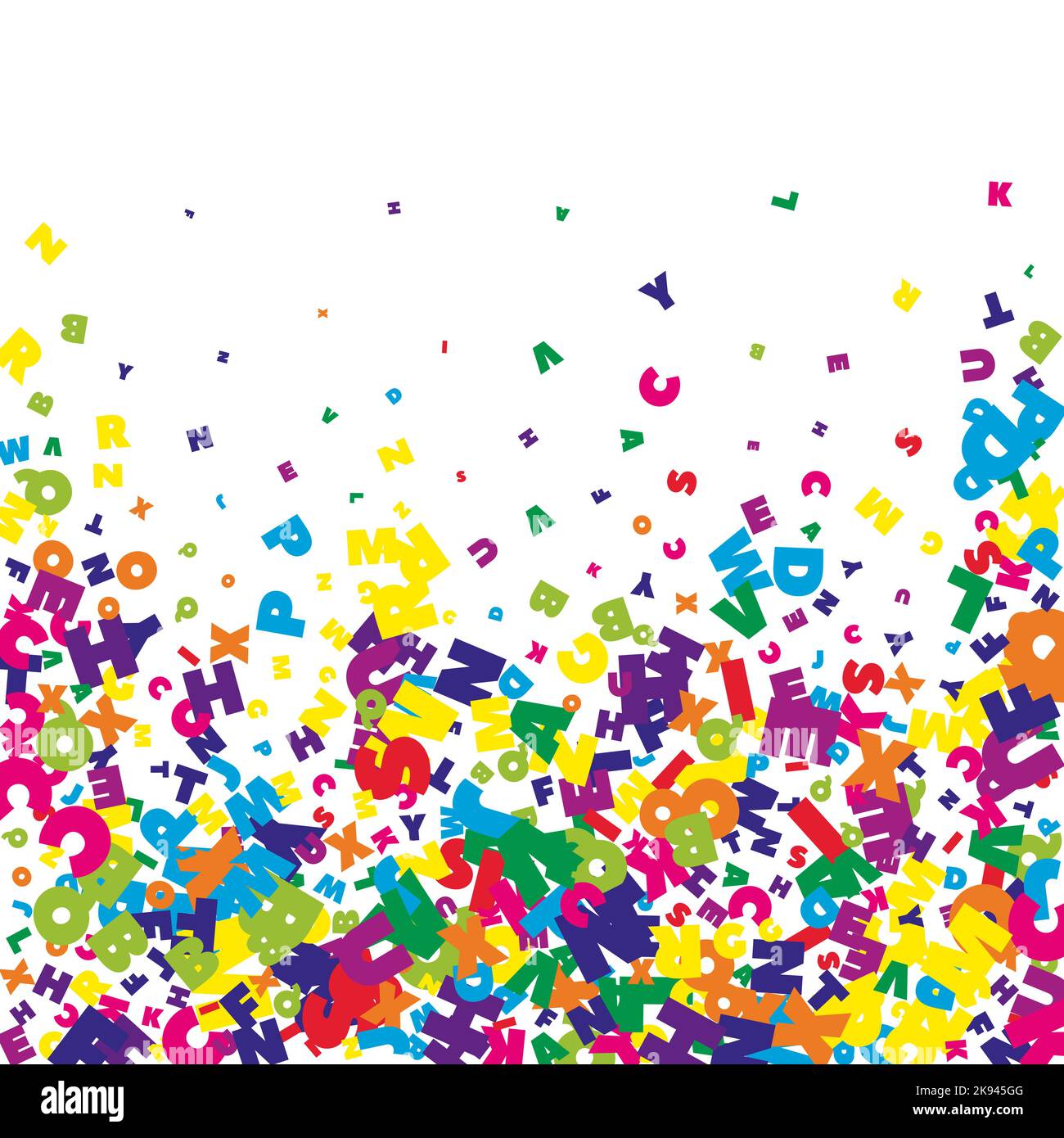 Falling letters of English language. Bright flying words of Latin ...