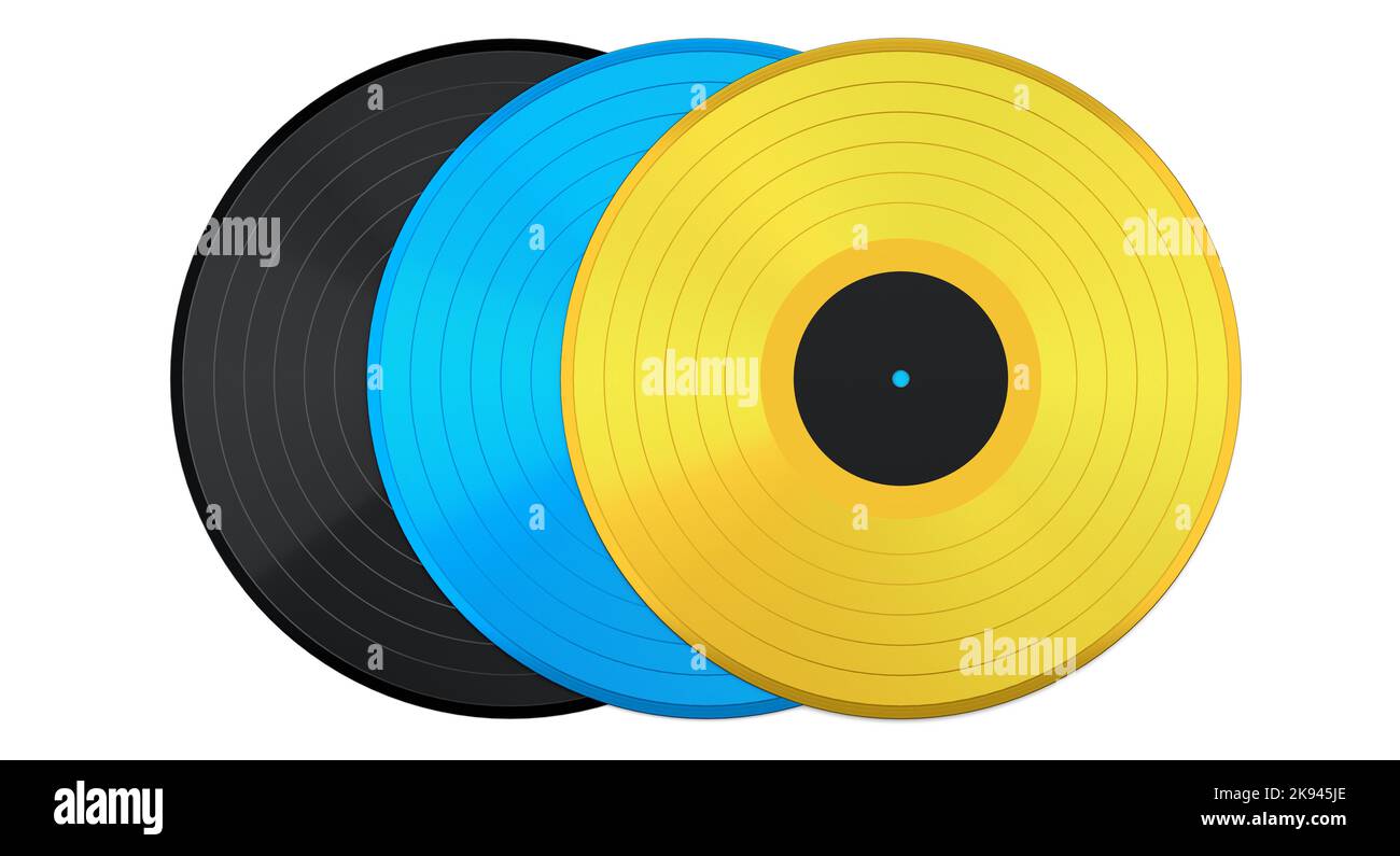 Set of vinyl LP records with label isolated on white background. 3d ...