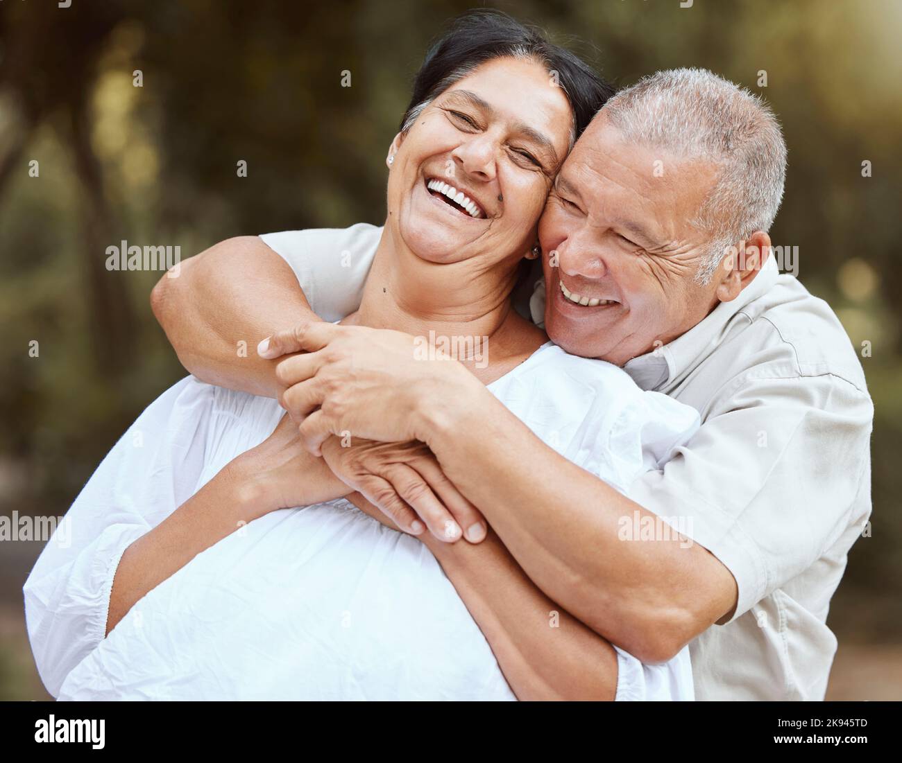 Love Senior Couple And Hug Being Happy Smile And Bonding For Marriage