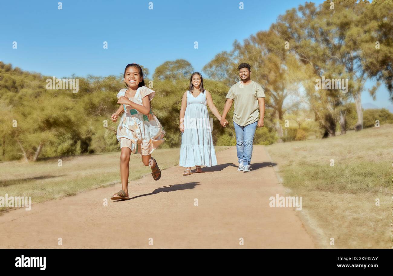 Family, park and together, nature and outdoor, parents holding hands ...