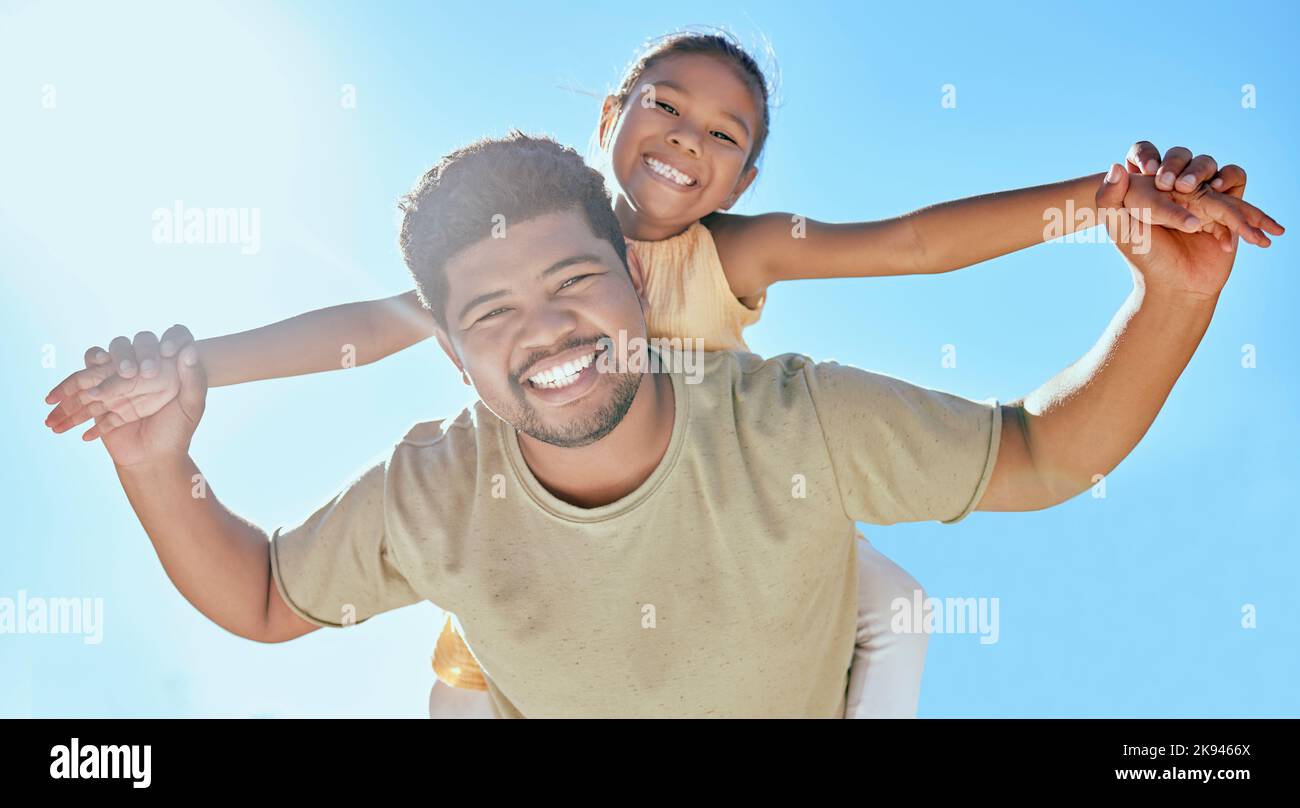 Father, child and holding hands on shoulder for happy relationship ...