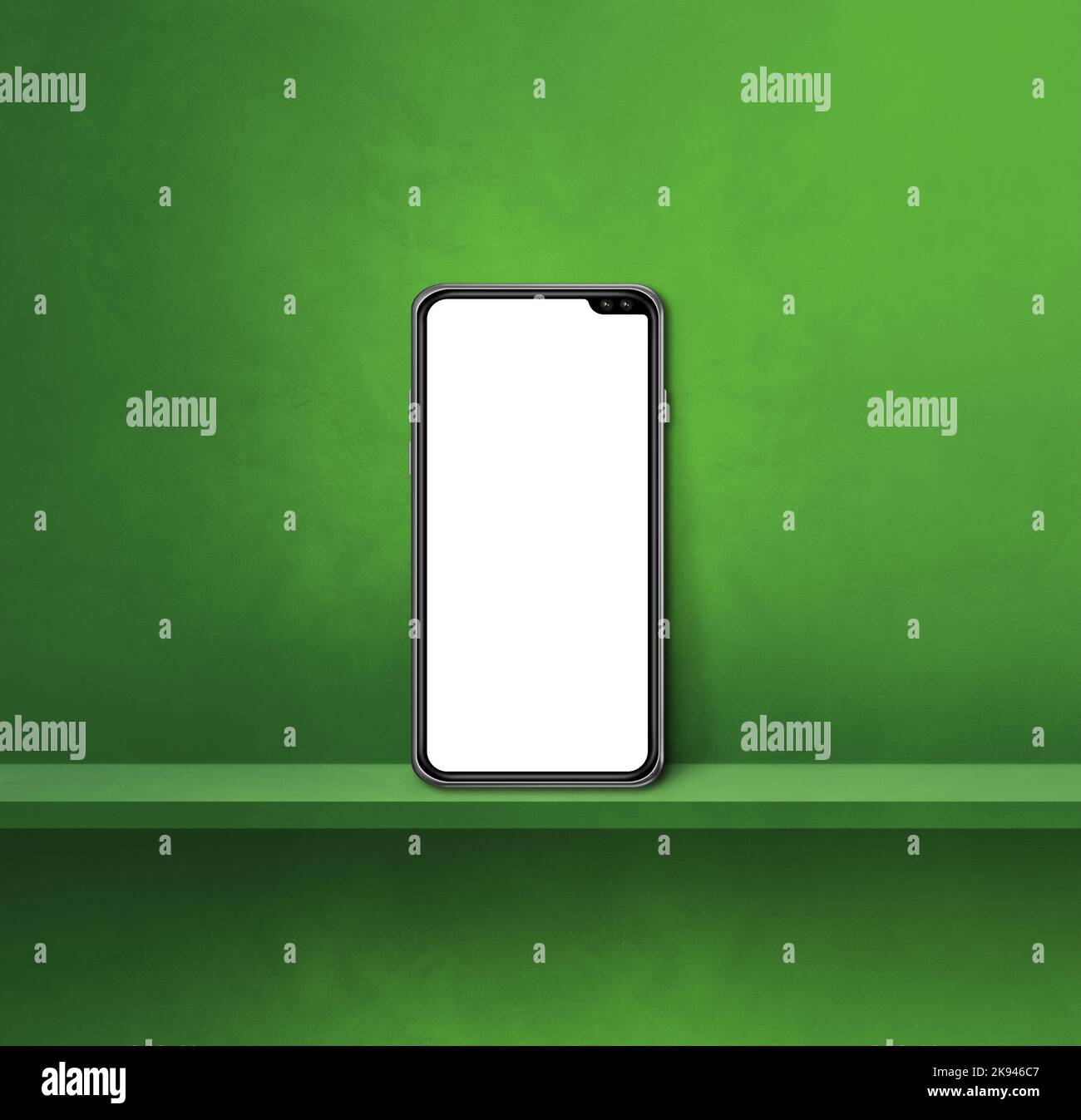 Mobile phone on green wall shelf. Square background. 3D Illustration ...