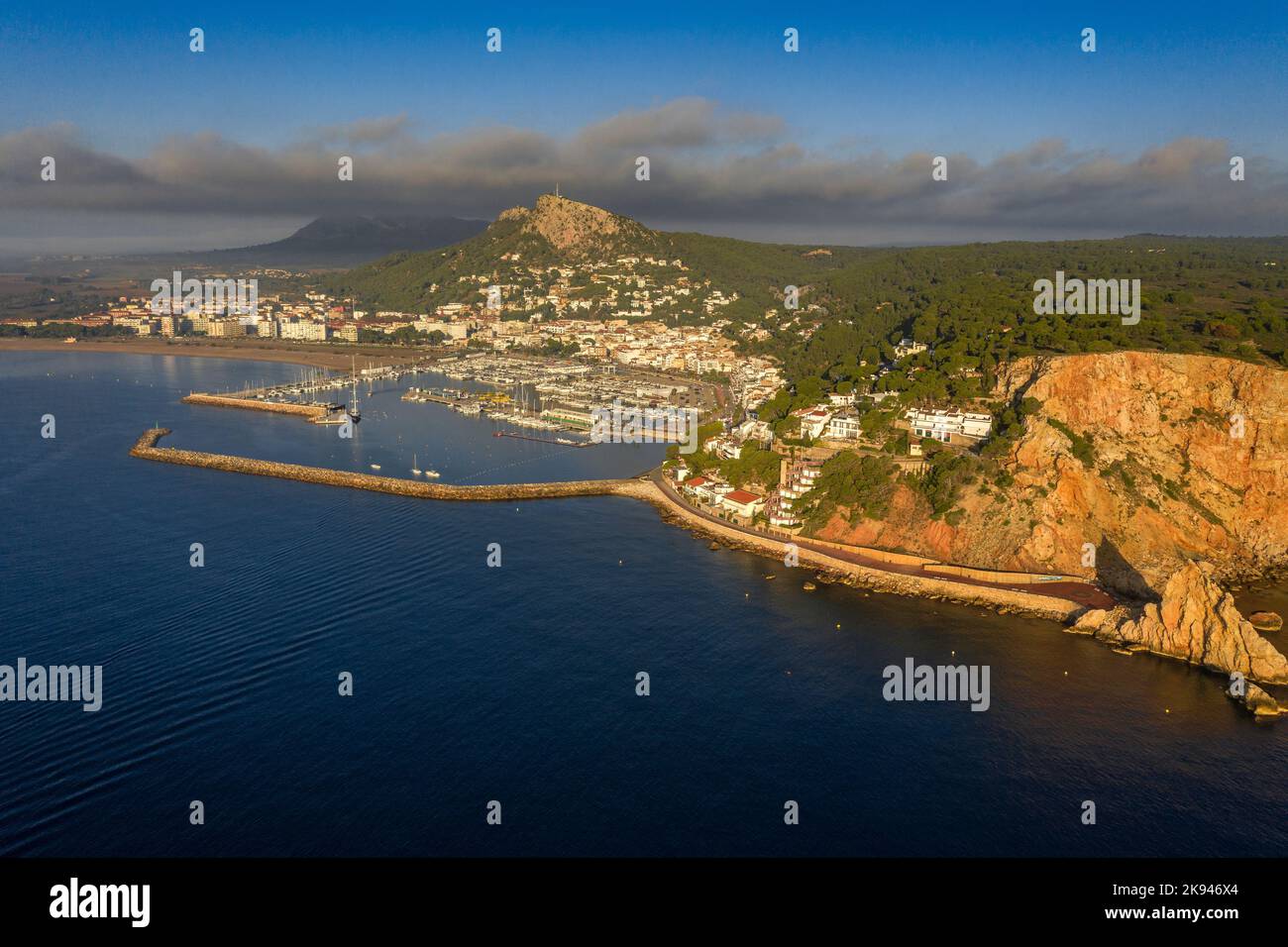 Aerial view of the town of L'Estartit and its harbor on the Costa Brava ...