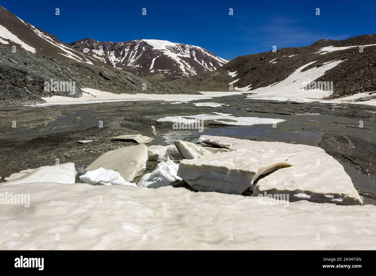 Melting snow of a glacier near the high altitude pass of Shingo La in ...