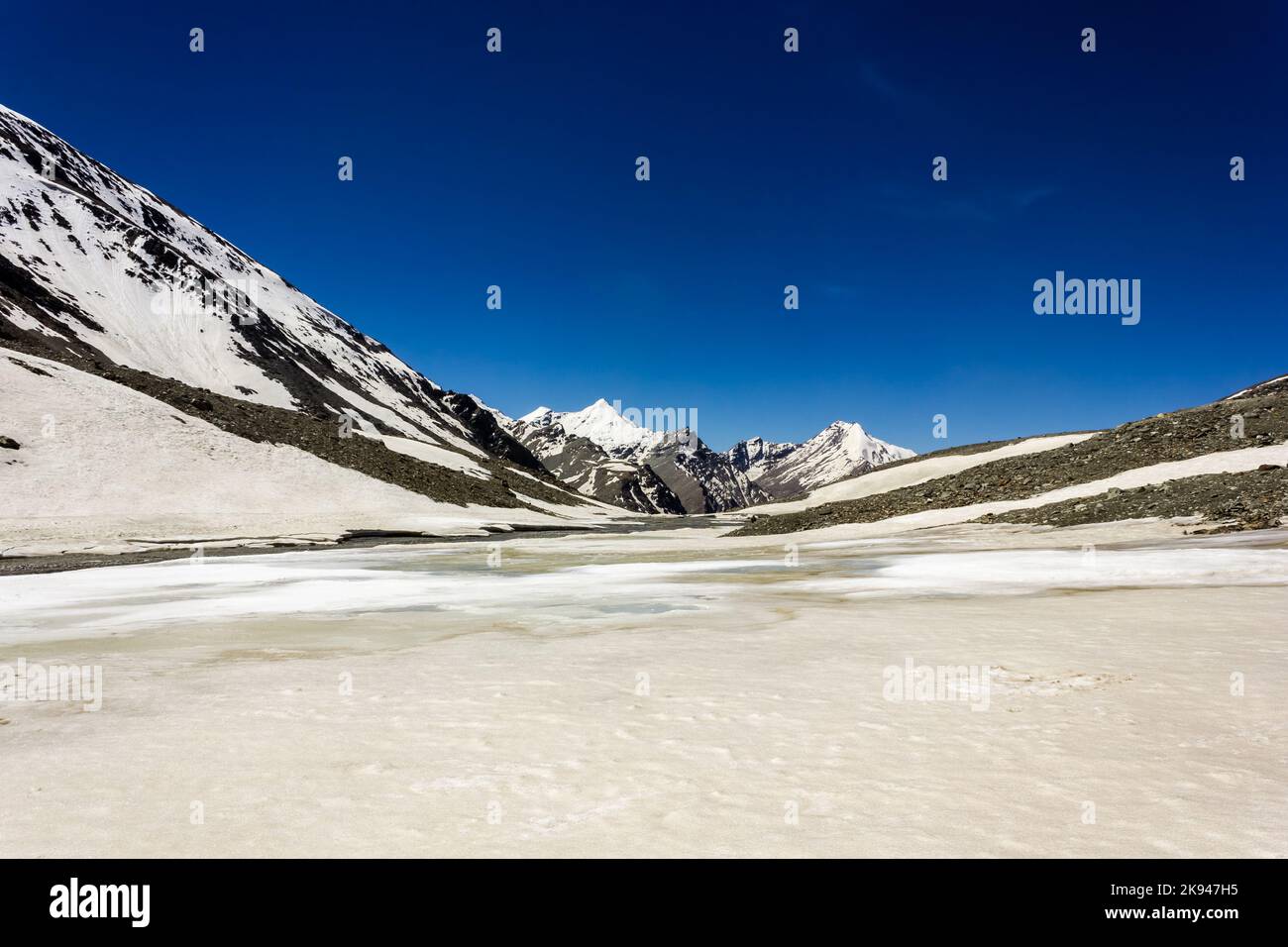 A vast Himalayan landscape of a snow field and mountain peaks under a ...