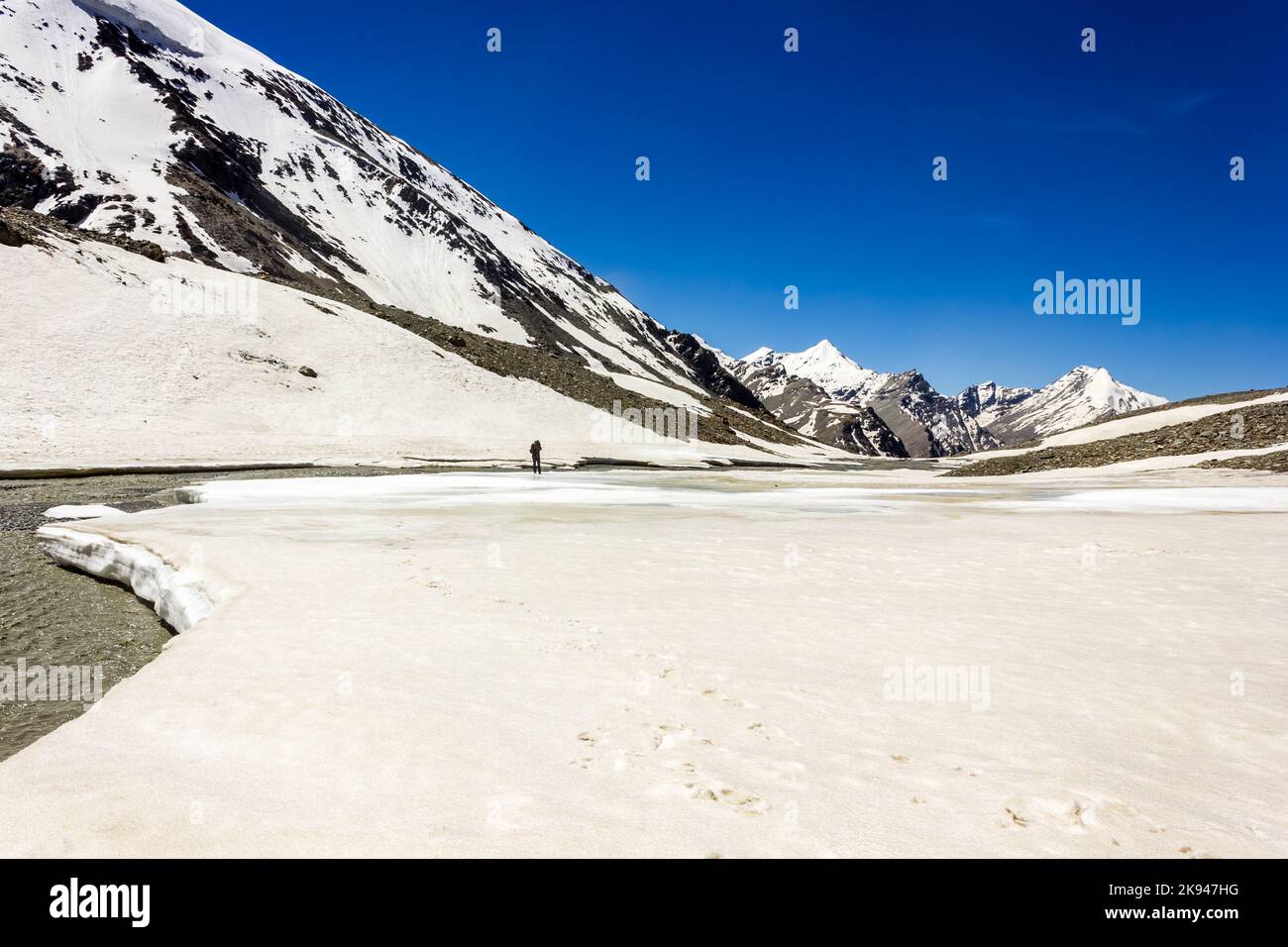 Zanskar, India - July 2012: A trekking trail through thick snow leading ...