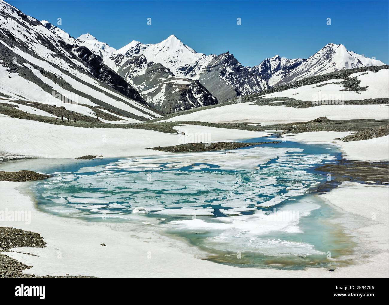 The turquoise frozen lake on top of the high altitude pass of Shingo La ...