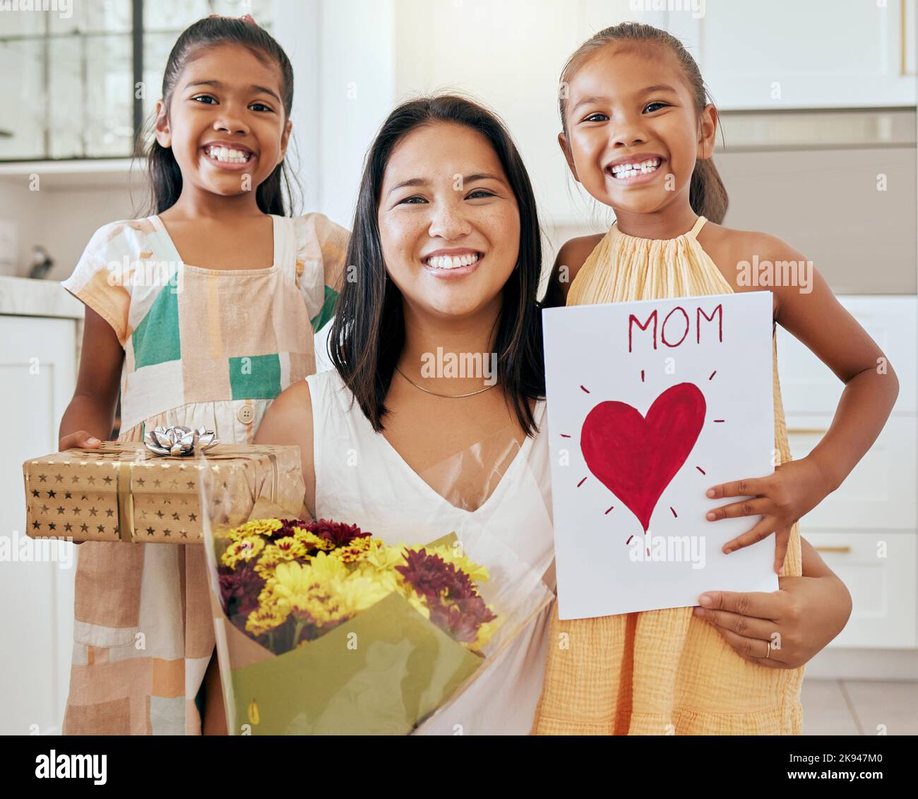Mothers day, birthday and happy family children with gift, celebration ...