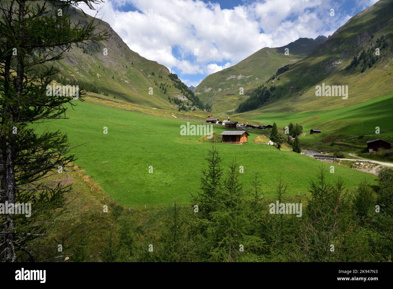 Small cluster of mountain huts at Malga Fana in the upper Valles valley ...