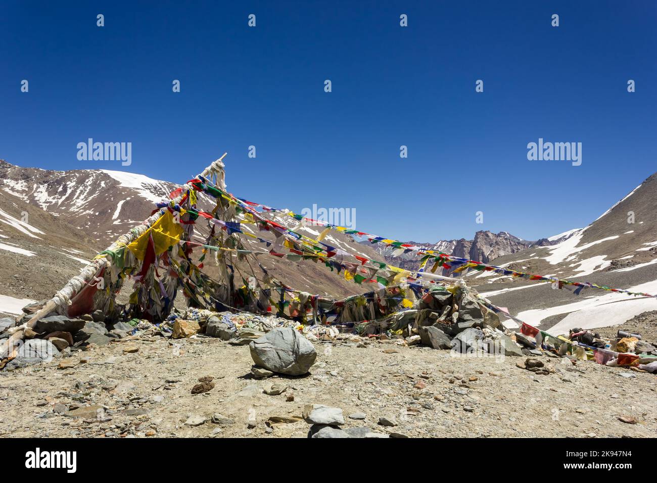 Zanskar, India - July 2012: Colorful tibetan Buddhist prayer flags on ...