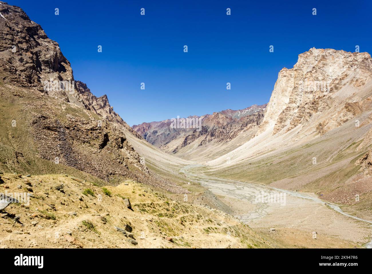 Barren mountains of the cold desert wilderness of the Zanskar valley ...