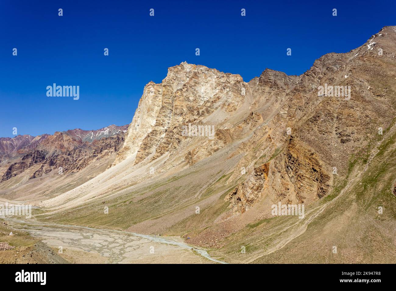 Barren mountains of the cold desert wilderness of the Zanskar valley ...