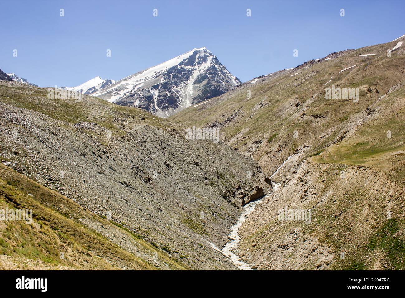 A beautiful Himalayan landscape of a mountain stream flowing through a ...