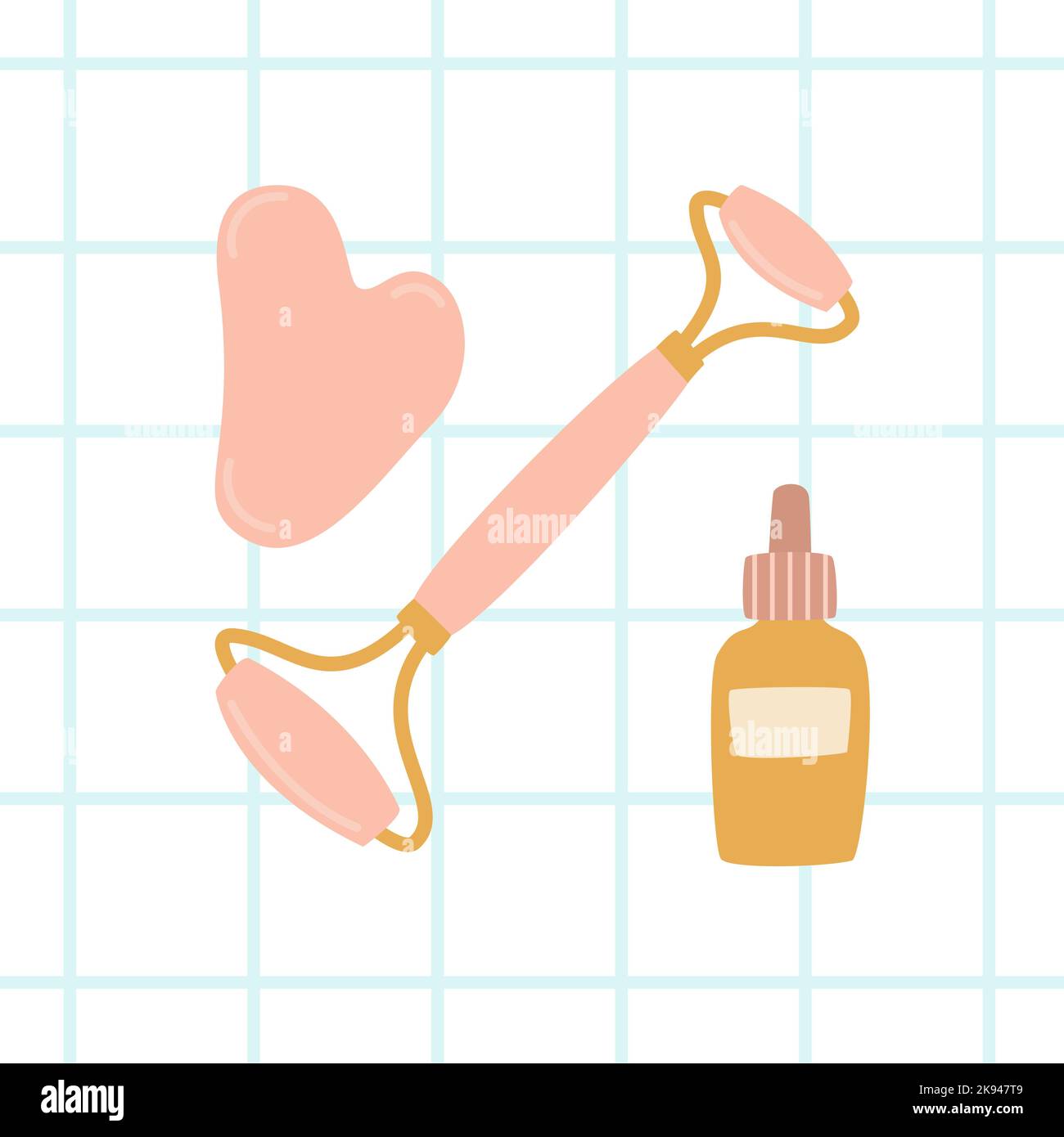 Gua Sha facial massage tools. Pink quartz roller, scraper and face oil ...