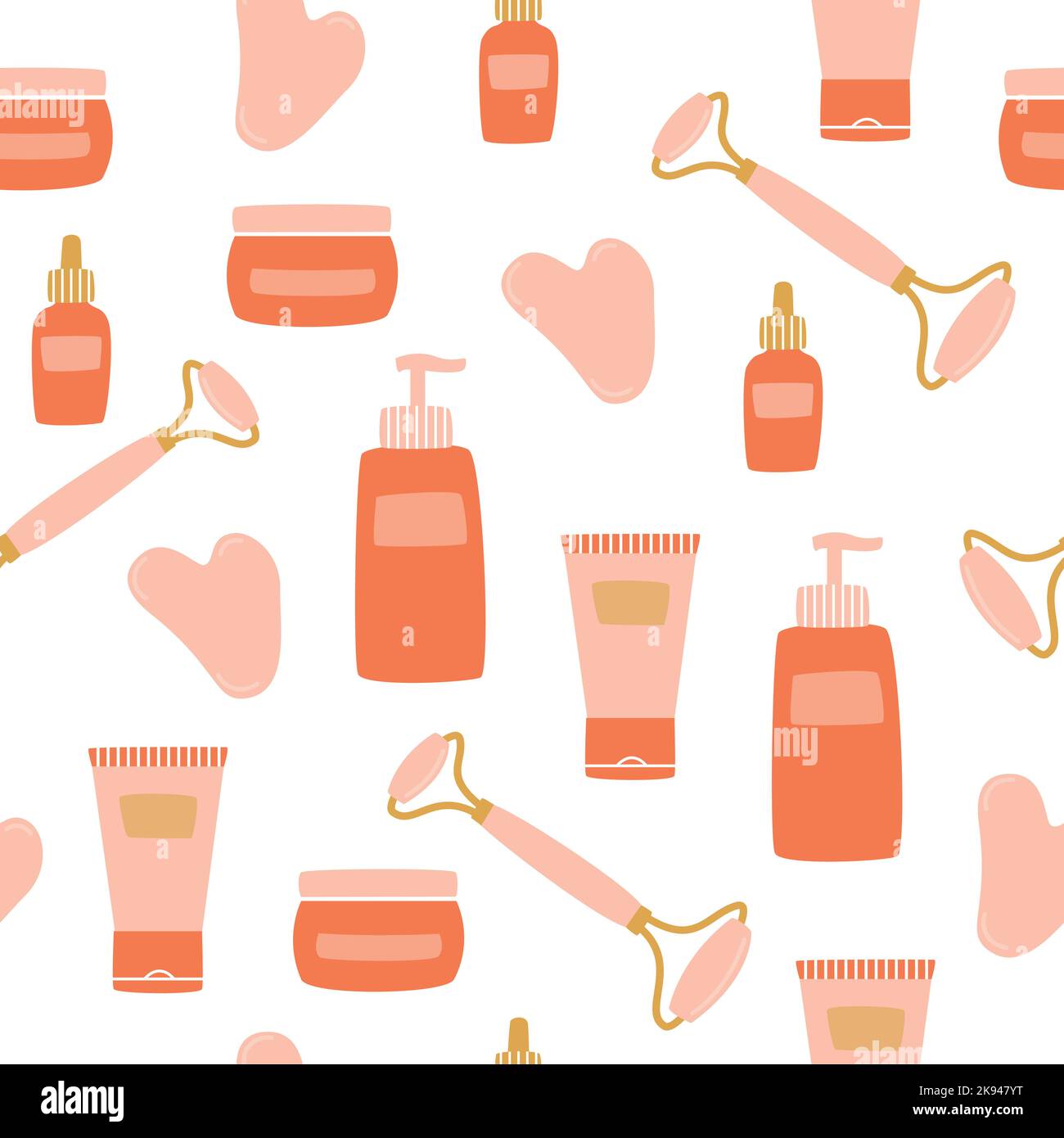 Seamless pattern with cosmetic products and gua sha face massage tools ...